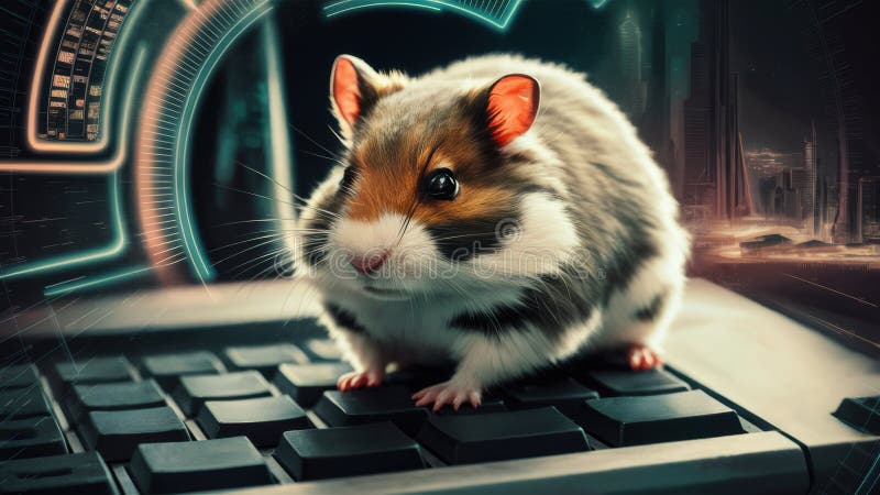 A Hamster Sitting on Top of a Computer Keyboard with City Lights in the ...