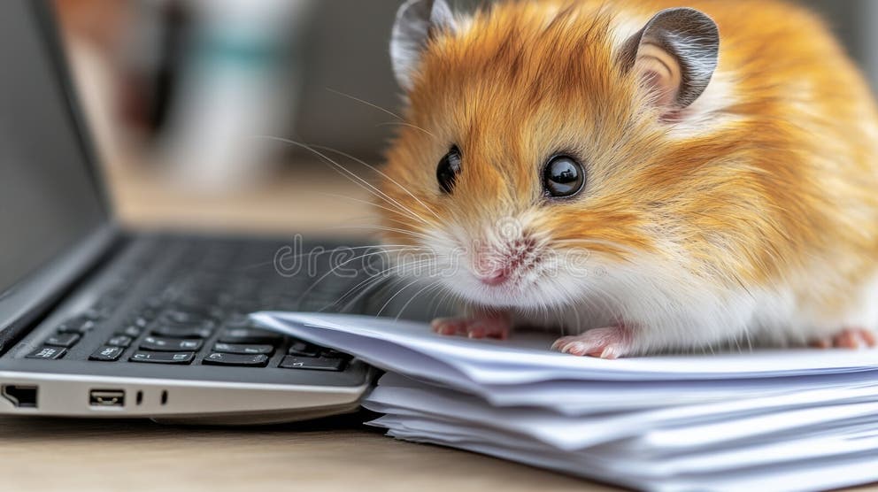 A Hamster Sitting on Top of a Stack of Papers Next To an Open Laptop ...