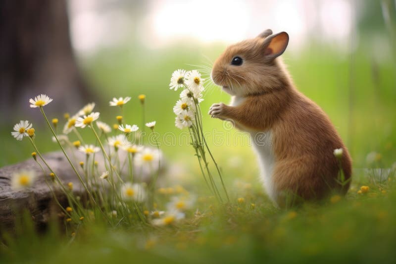 Hamster Sniffing a Daisy in a Grassy Setting Stock Image - Image of ...