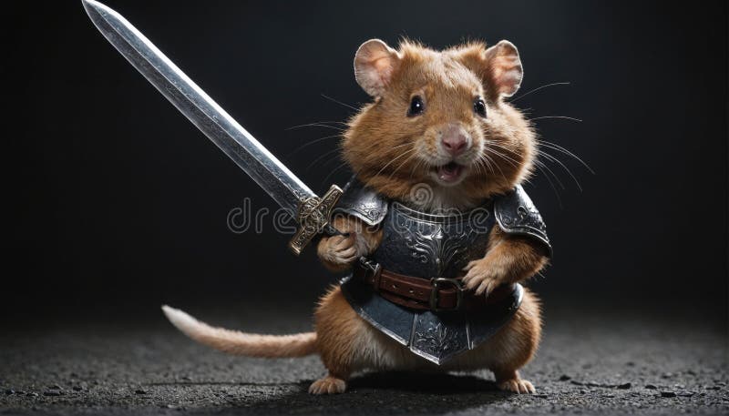 A Hamster Wearing Armor and Wielding a Sword Stands on a Dark Surface ...