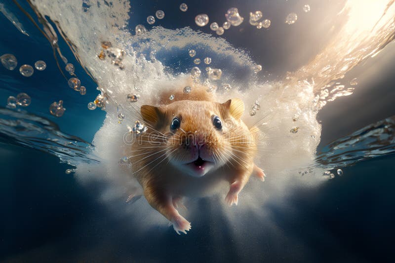 Hamster Swims in the Water with Bubbles. 3d Rendering Stock ...
