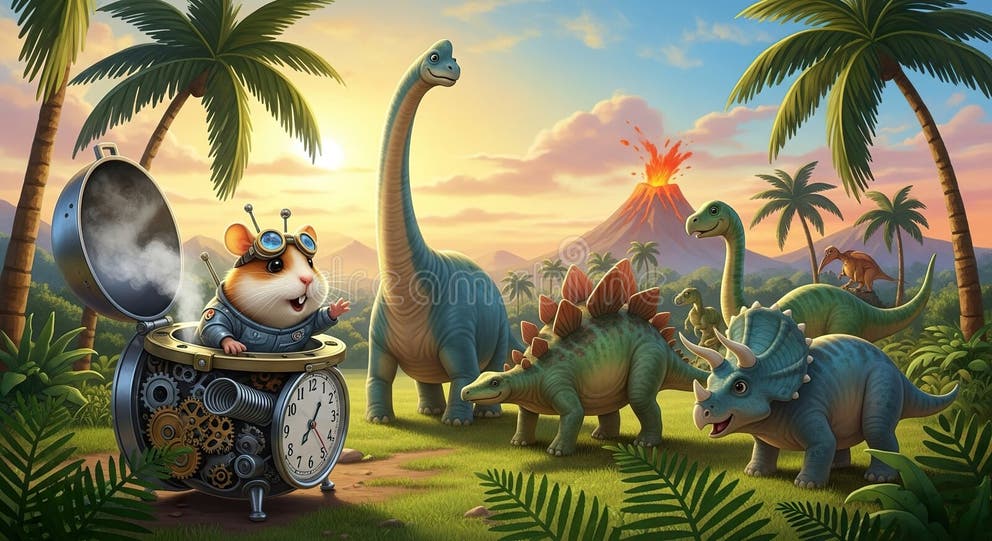A Hamster in a Time Machine with Dinosaurs Stock Illustration ...