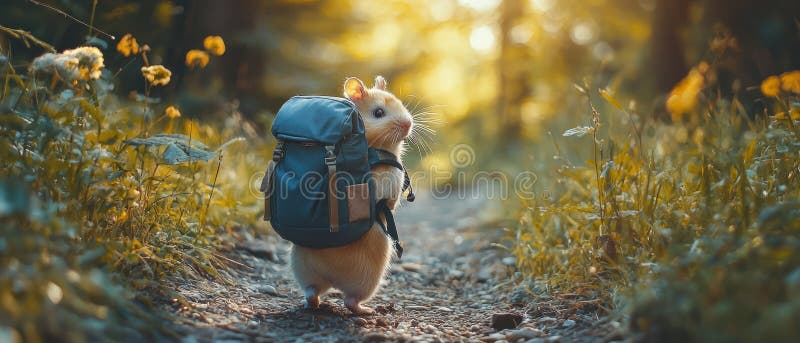 Hamster in Tiny Backpack on Forest Trail, Enjoying Funny Nature ...