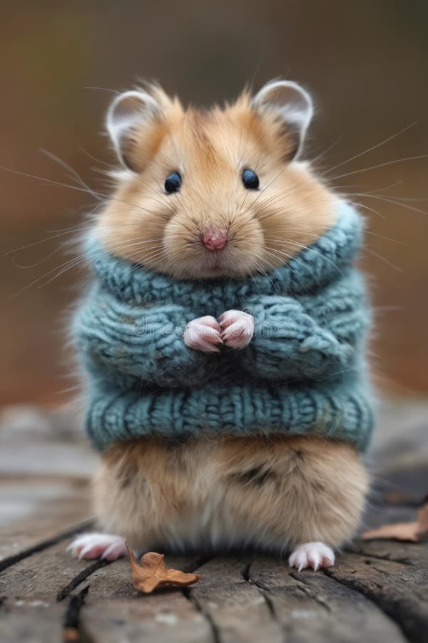 A Hamster Wearing a Blue Sweater Sitting on a Wooden Surface ...