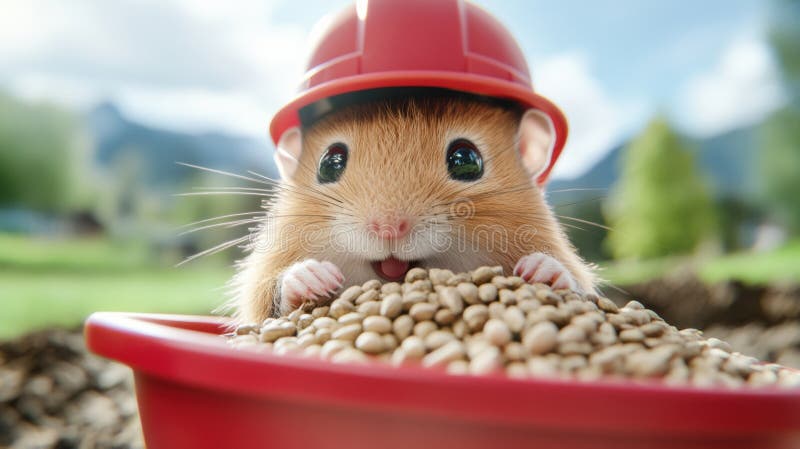 A Hamster Wearing a Hard Hat Eating from a Bucket of Beans, AI Stock ...