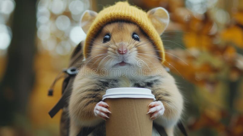 A Hamster Wearing a Hat and Holding Coffee Cup, AI Stock Image - Image ...