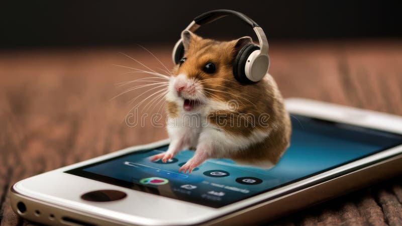 A Hamster Wearing Headphones on a Cell Phone Screen, AI Stock Image ...