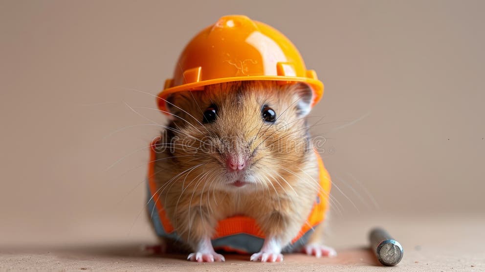 A Hamster Wearing a Small Hard Hat and Construction Outfit. Stock Photo ...