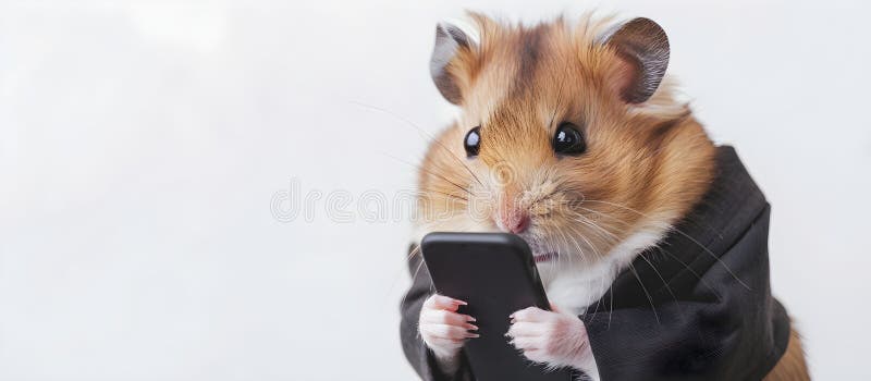 Hamster Wearing a Suit Uses a Smartphone on White Background with Copy ...