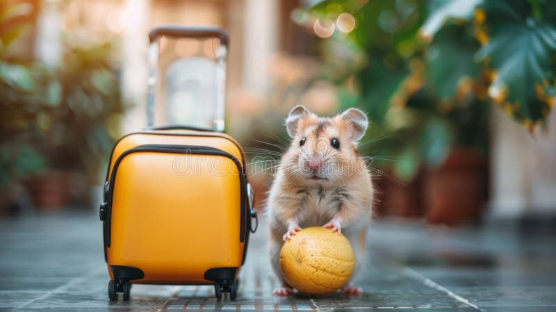 A Hamster with Yellow Ball Next To a Suitcase on Tile, AI Stock Image ...