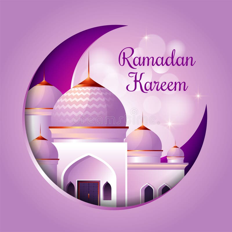 Ramadan Kareem Card Design with Crescent and Mosque Golden Ad Purple ...