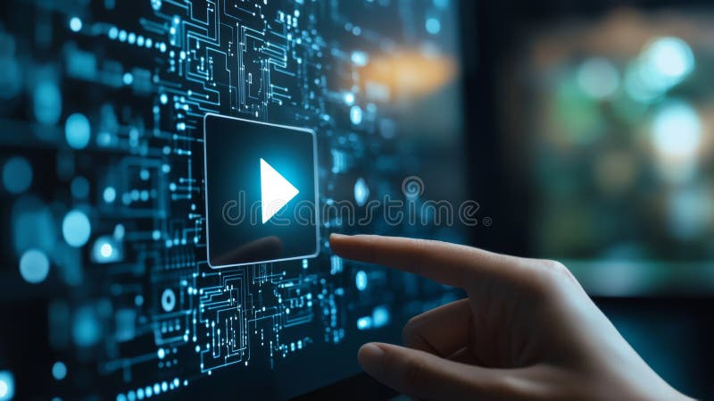 A Hand Activates a Digital Play Button Featuring a Circuit Pattern ...