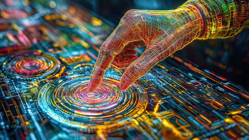 Hand Activates Neon Circuit with Precision Touch Generative AI Stock ...