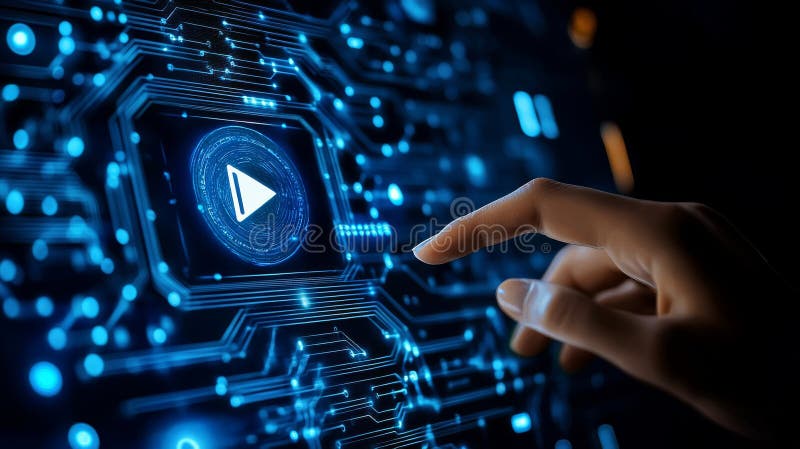 A Hand Activates the Play Button on a High-tech Touchscreen Display ...