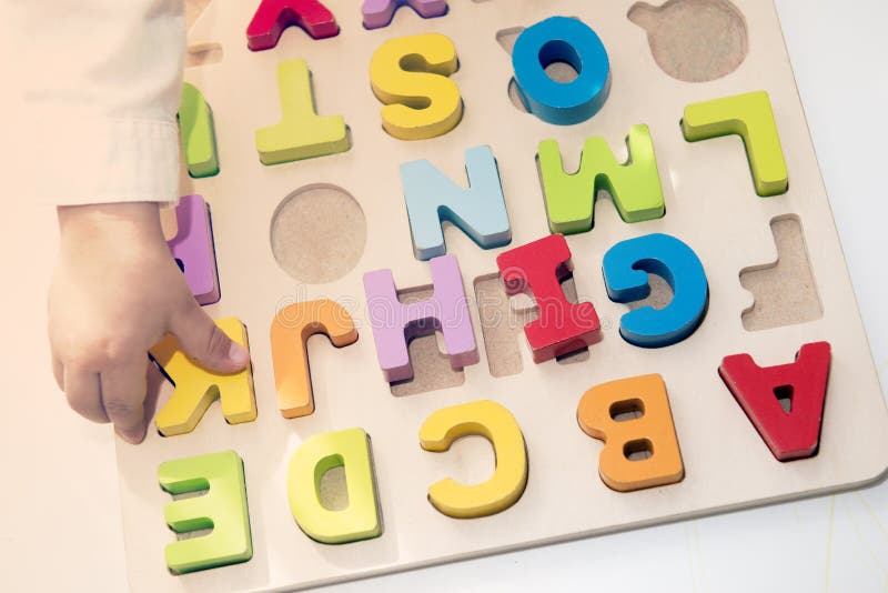 Active Kid Boy Having Fun with Wooden Letters Stock Photo - Image of ...
