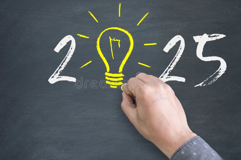 Hand Writing the Year 2025 with a Light Bulb Illustration on a ...