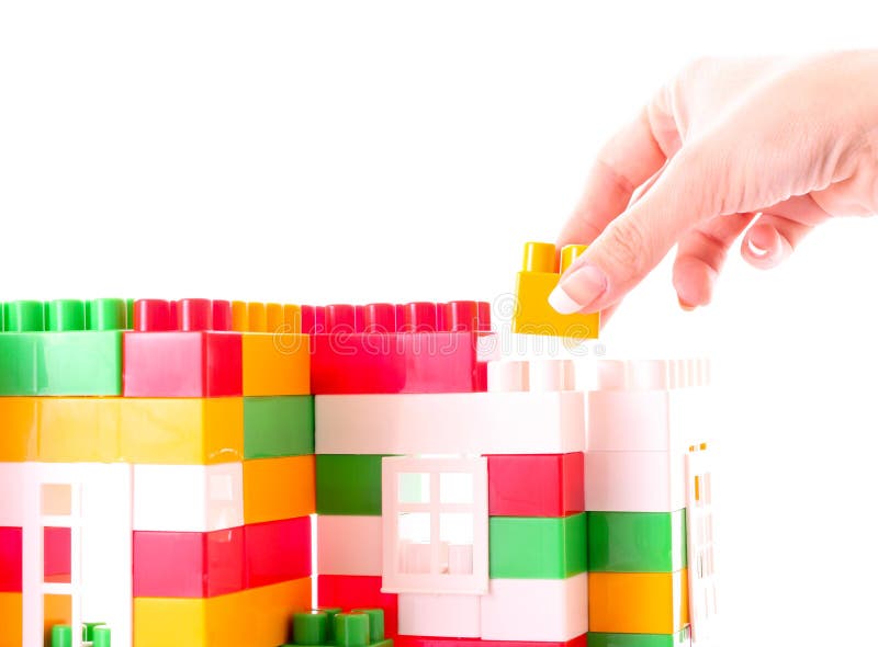 Hand Add Toy Brick To Toy Building Stock Photo - Image of connect ...