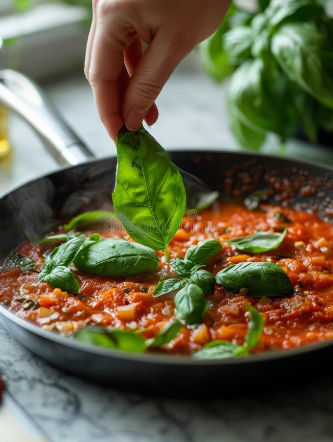 Hand Adding Basil Leaf To Simmering Tomato Sauce in Pan Stock Image ...