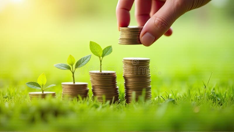 Hand Adding a Coin To a Growing Stack of Coins with Plants. Stock ...