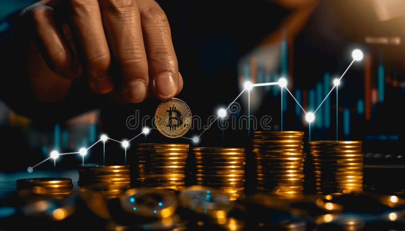 Hand Adding Gold Coin To Stack with Bright Upward Trend Line Stock ...