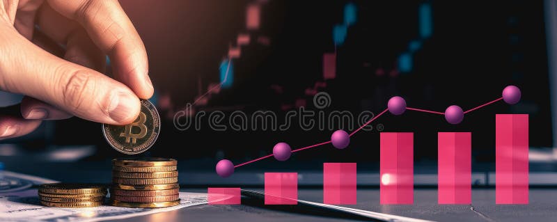 Hand Adding Gold Coin To Stack with Bright Upward Trend Line Stock ...