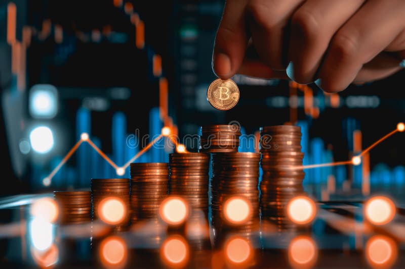 Hand Adding Gold Coin To Stack with Bright Upward Trend Line Stock ...