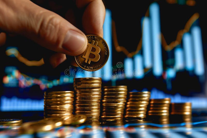Hand Adding Gold Coin To Stack with Bright Upward Trend Line Stock ...
