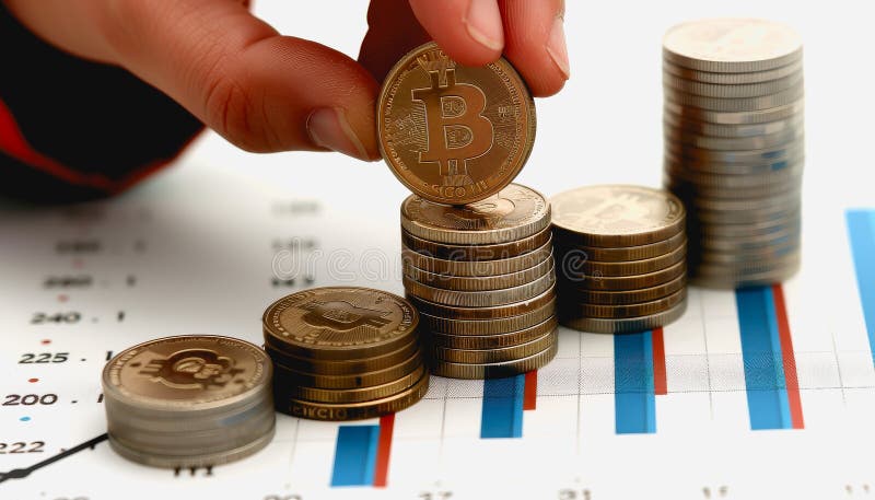 Hand Adding Gold Coin To Stack with Bright Upward Trend Line Stock ...
