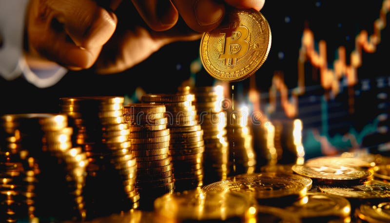 Hand Adding Gold Coin To Stack with Bright Upward Trend Line Stock ...