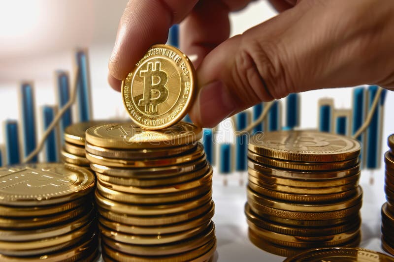Hand Adding Gold Coin To Stack with Bright Upward Trend Line Stock ...