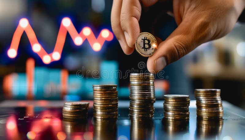 Hand Adding Gold Coin To Stack with Bright Upward Trend Line Stock ...