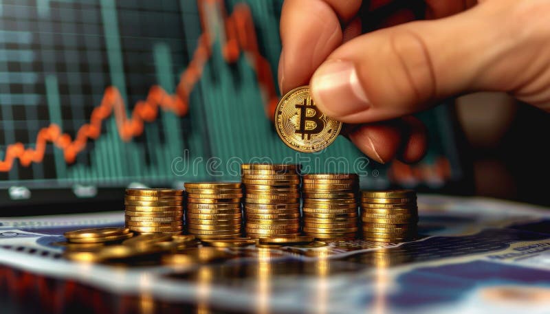 Hand Adding Gold Coin To Stack with Bright Upward Trend Line Stock ...