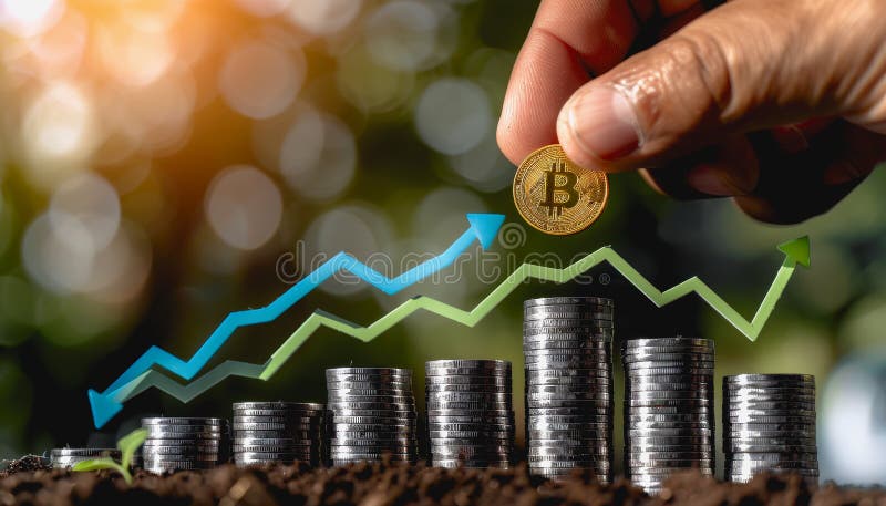 Hand Adding Gold Coin To Stack with Bright Upward Trend Line Stock ...