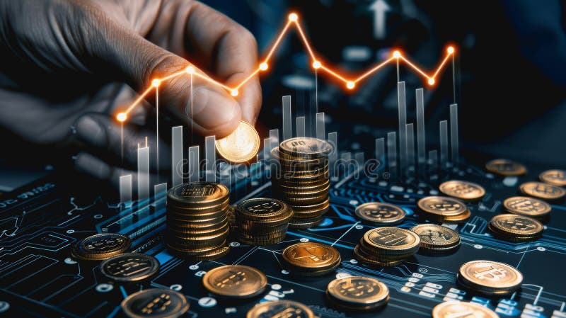 Hand Adding Gold Coin To Stack with Bright Upward Trend Line Stock ...