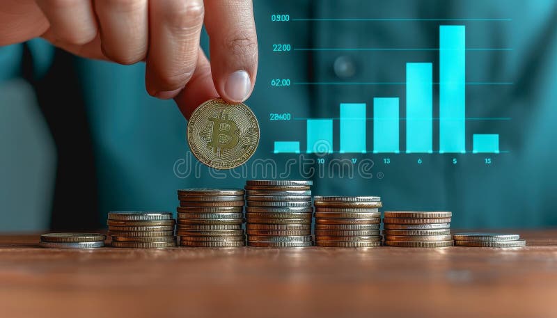 Hand Adding Gold Coin To Stack with Bright Upward Trend Line Stock ...