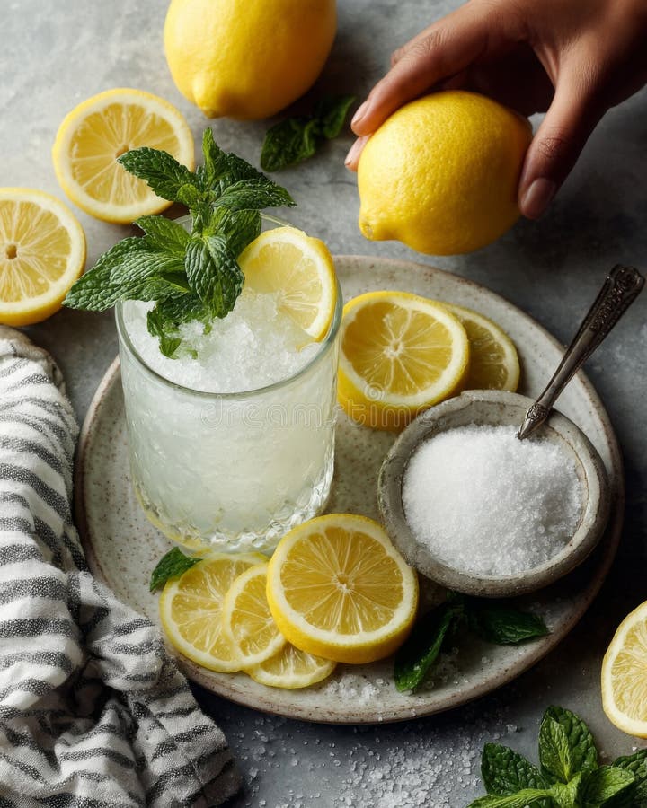 Hand Adding Lemon To Refreshing Iced Drink with Mint and Sugar Stock ...