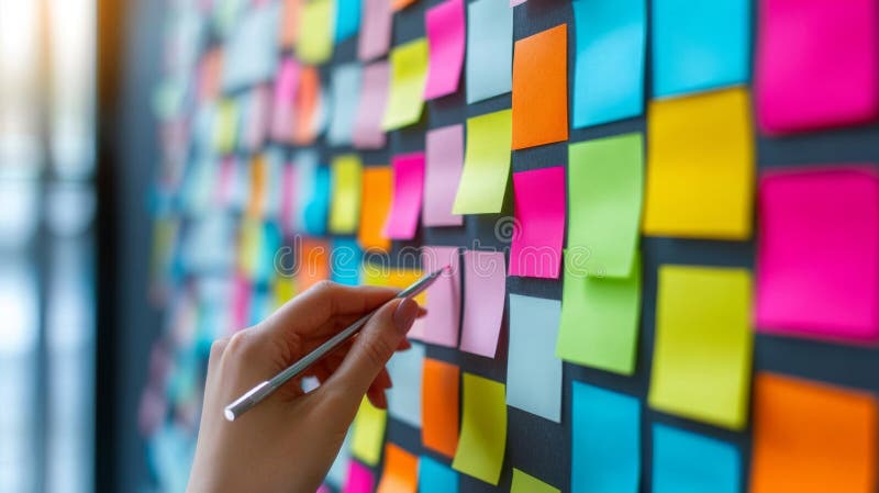 A Hand Adding a Pink Sticky Note To a Wall of Colorful Notes Stock ...
