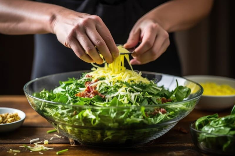 Hand Adding Shredded Cheese Over Spinach and Bacon Salad Stock Image ...