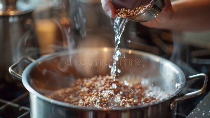A Hand Adding Water To a Pot of Simmering Buckwheat Groats Stock Image ...