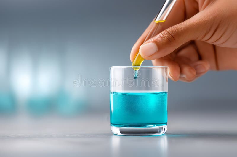 Hand Adding Yellow Liquid To Blue Solution in a Science Experiment ...