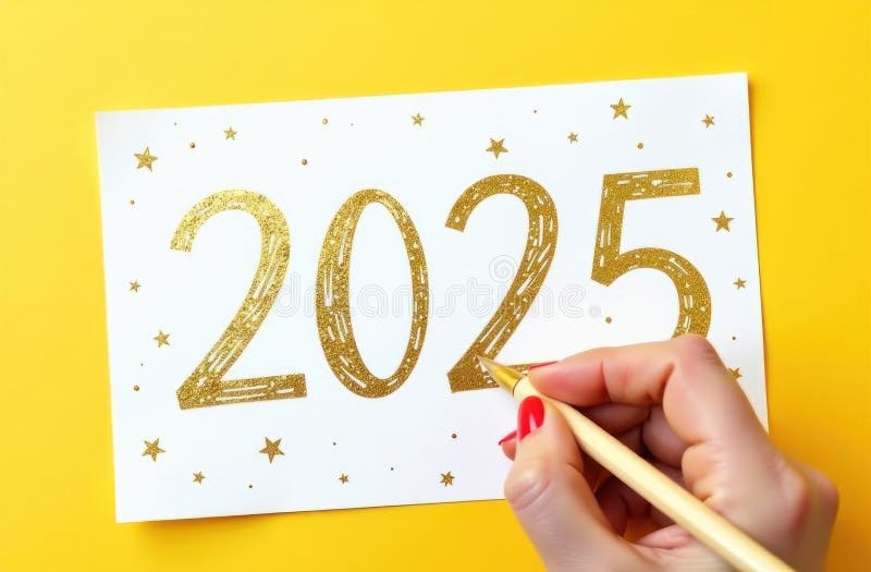 A Hand Adds Gold 2025 Surrounded by Stars on a Bright Yellow Background ...