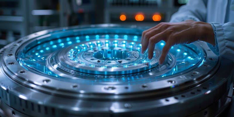Hand Adjusting Advanced Circular Machinery with Glowing Blue Lights in ...