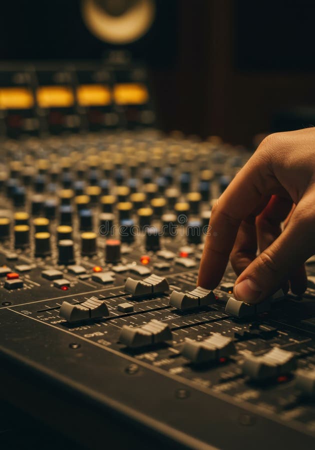 Hand Adjusting Audio Mixing Console in Dark Studio Stock Illustration ...
