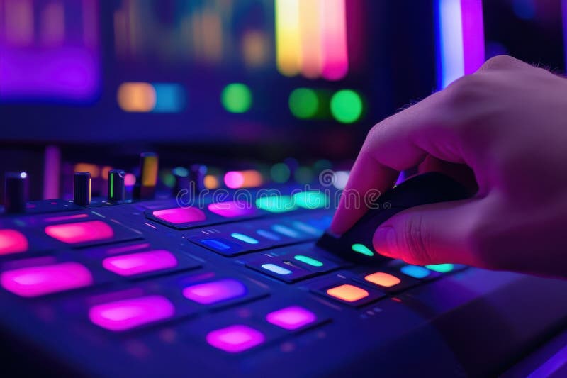 A Hand Adjusting a Colorful Control Panel with Buttons and Sliders in a ...