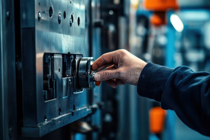 A Hand Adjusting a Control Knob on Industrial Machinery in a Factory ...