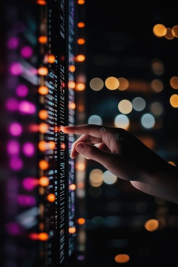 Hand Adjusting Control Panel with Glowing Lights in Dark Setting Stock ...