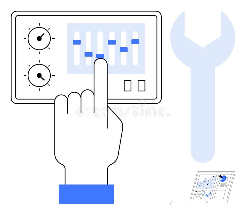 Hand Adjusting Control Panel with Interface Sliders, Gauges, and Analytical Data Display Stock ...