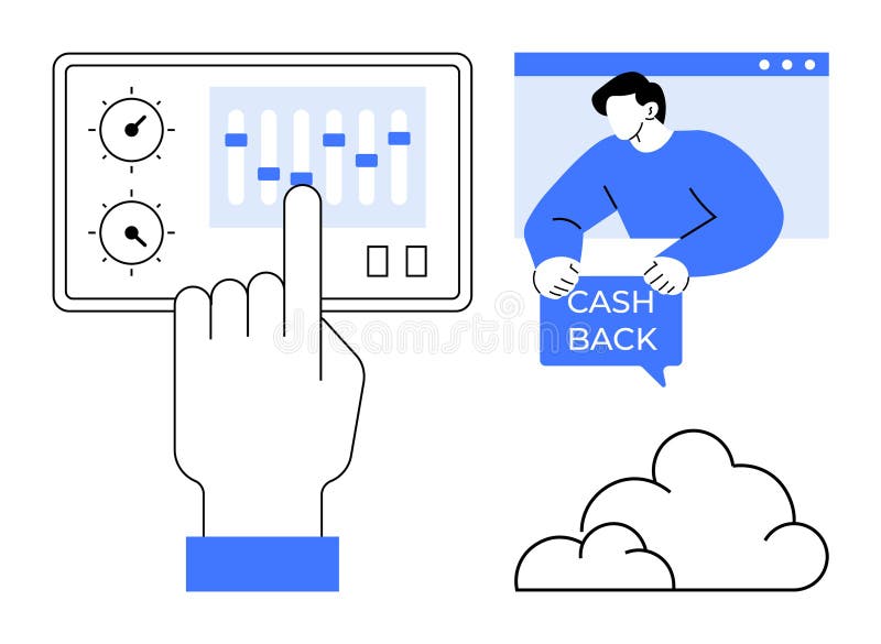 Hand Adjusting Control Panel with Person Advertising Cash Back and ...