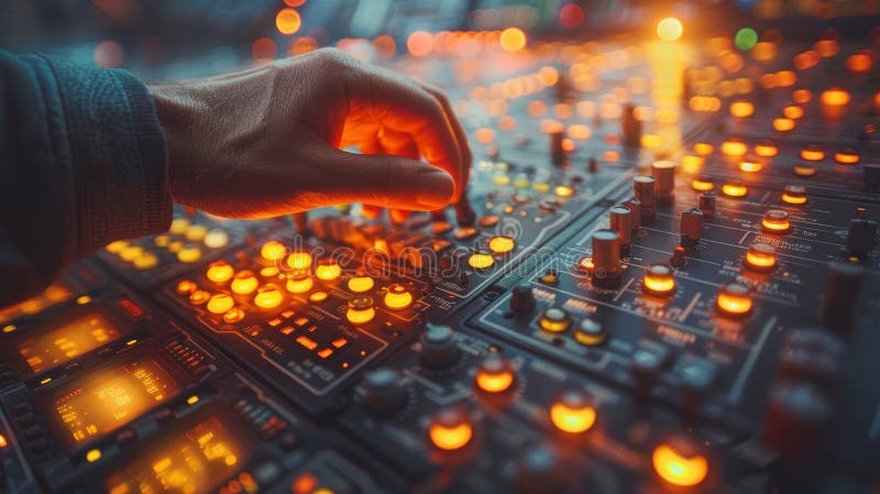 Hand Adjusting Controls on Airplane Cockpit Panel with Illuminated Buttons at Night Stock ...