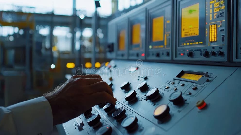 A Hand Adjusting Controls on an Industrial Panel with Glowing Displays ...